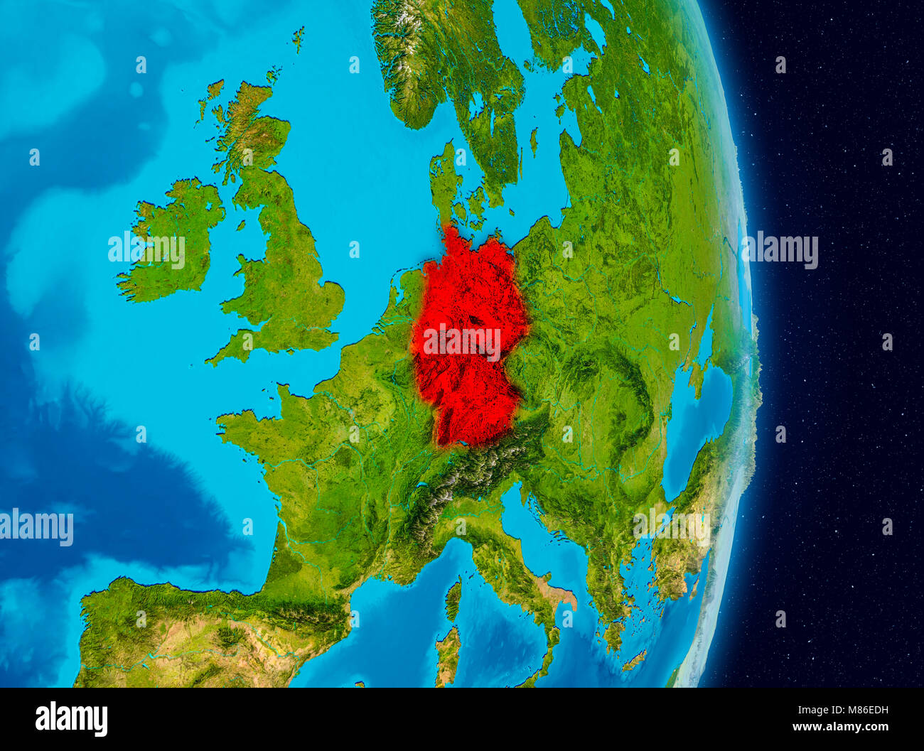 Country of Germany in red on planet Earth. 3D illustration. Elements of ...