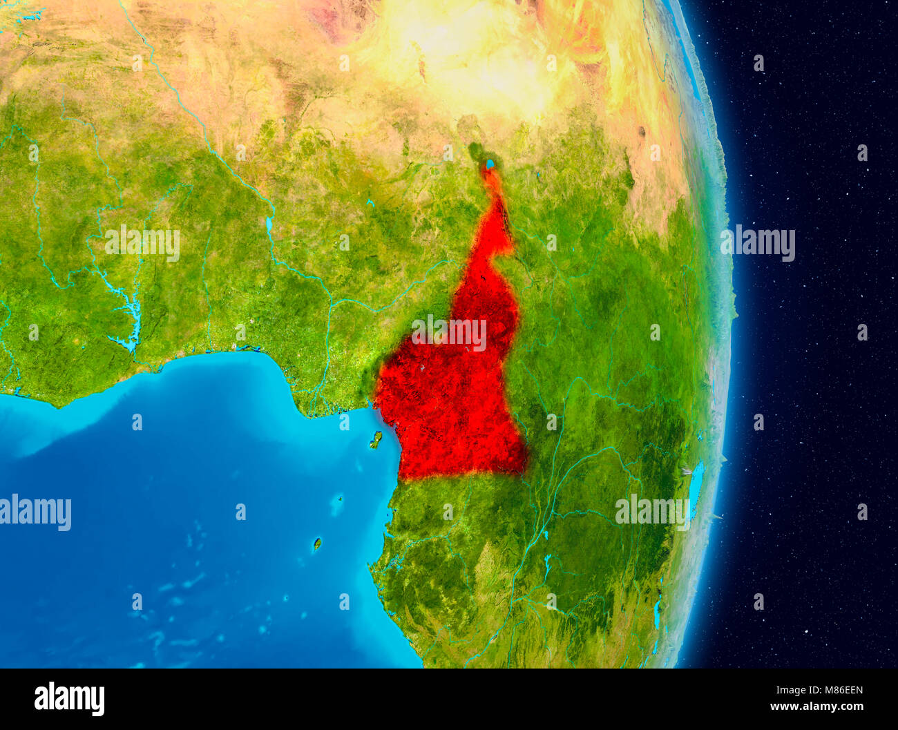 Country of Cameroon in red on planet Earth. 3D illustration. Elements ...