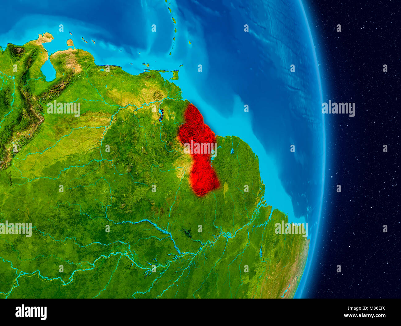 Country of Guyana in red on planet Earth. 3D illustration. Elements of ...