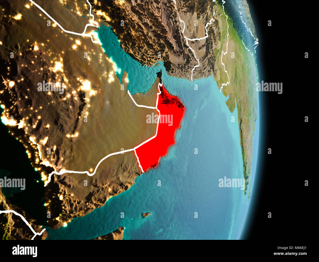 Satellite morning view of Oman highlighted in red on planet Earth with ...