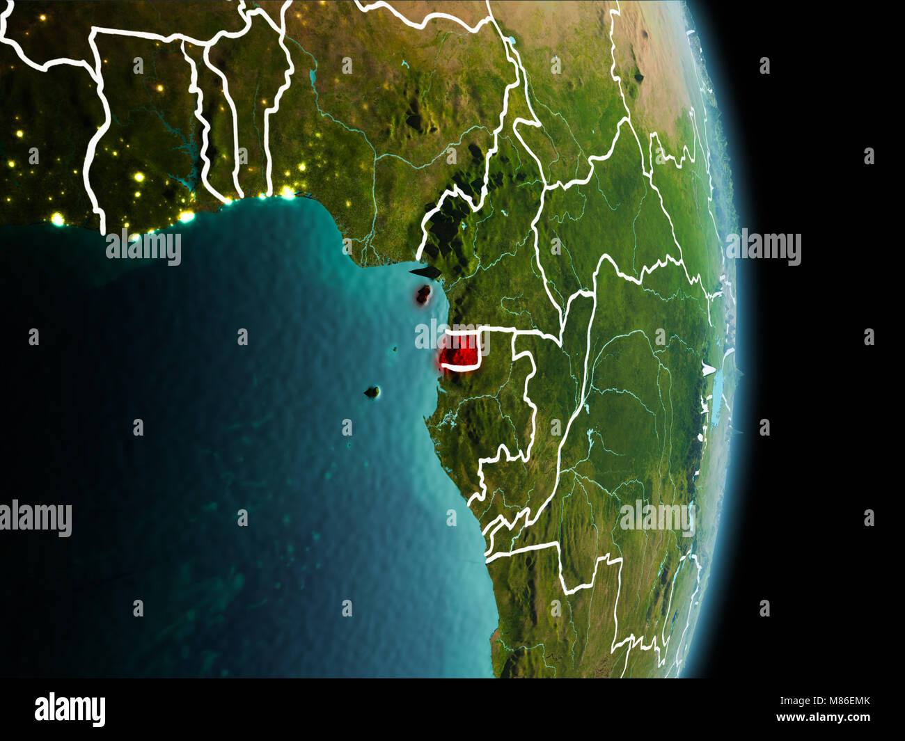 Satellite morning view of Equatorial Guinea highlighted in red on planet Earth with visible ...