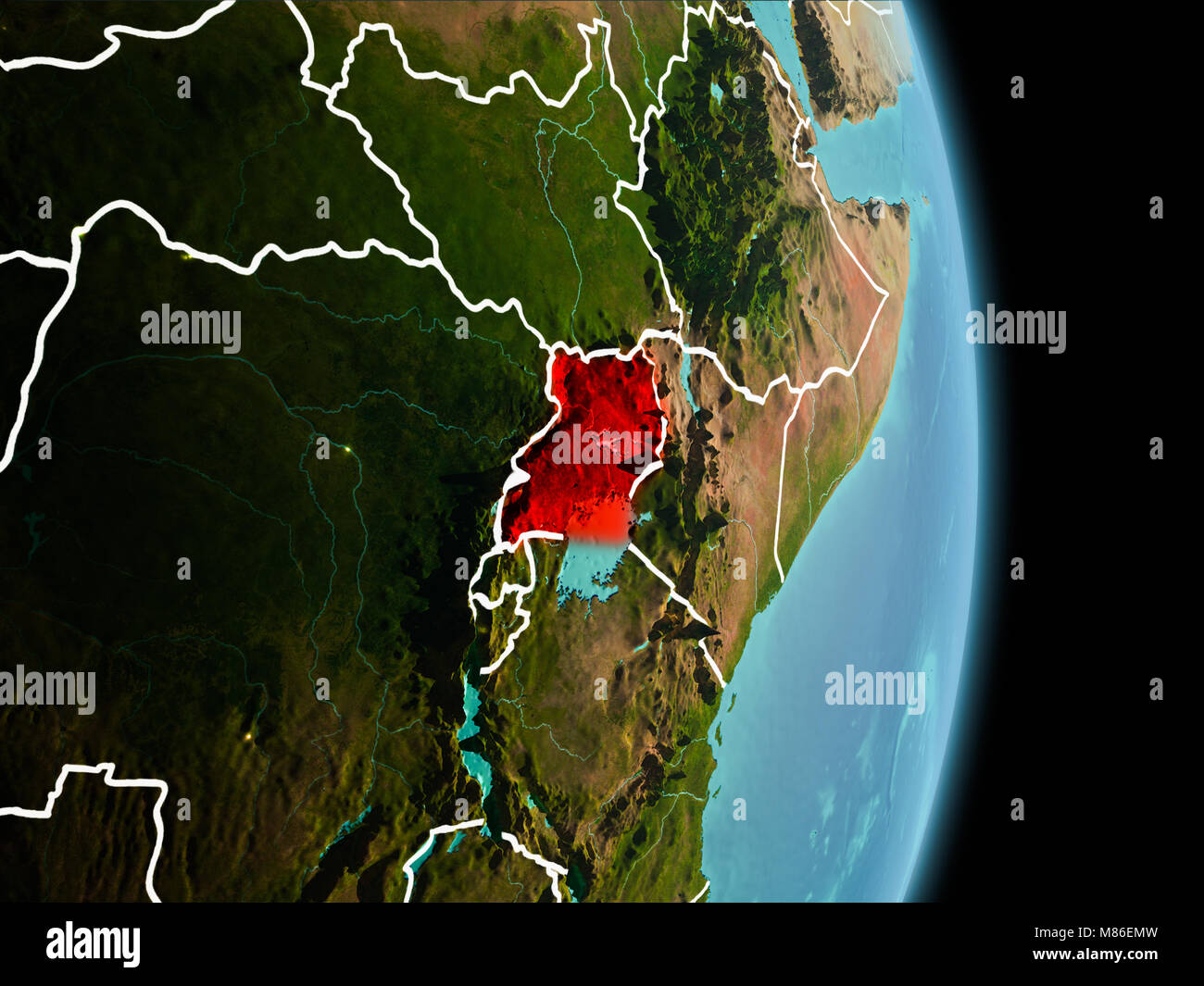 Satellite morning view of Uganda highlighted in red on planet Earth ...