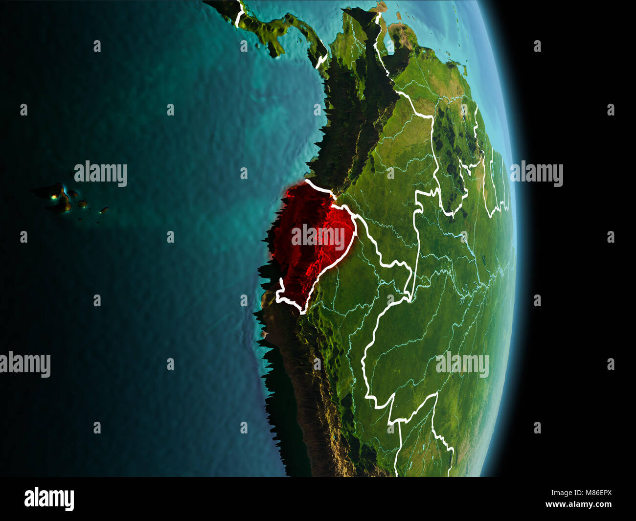 Satellite morning view of Ecuador highlighted in red on planet Earth ...