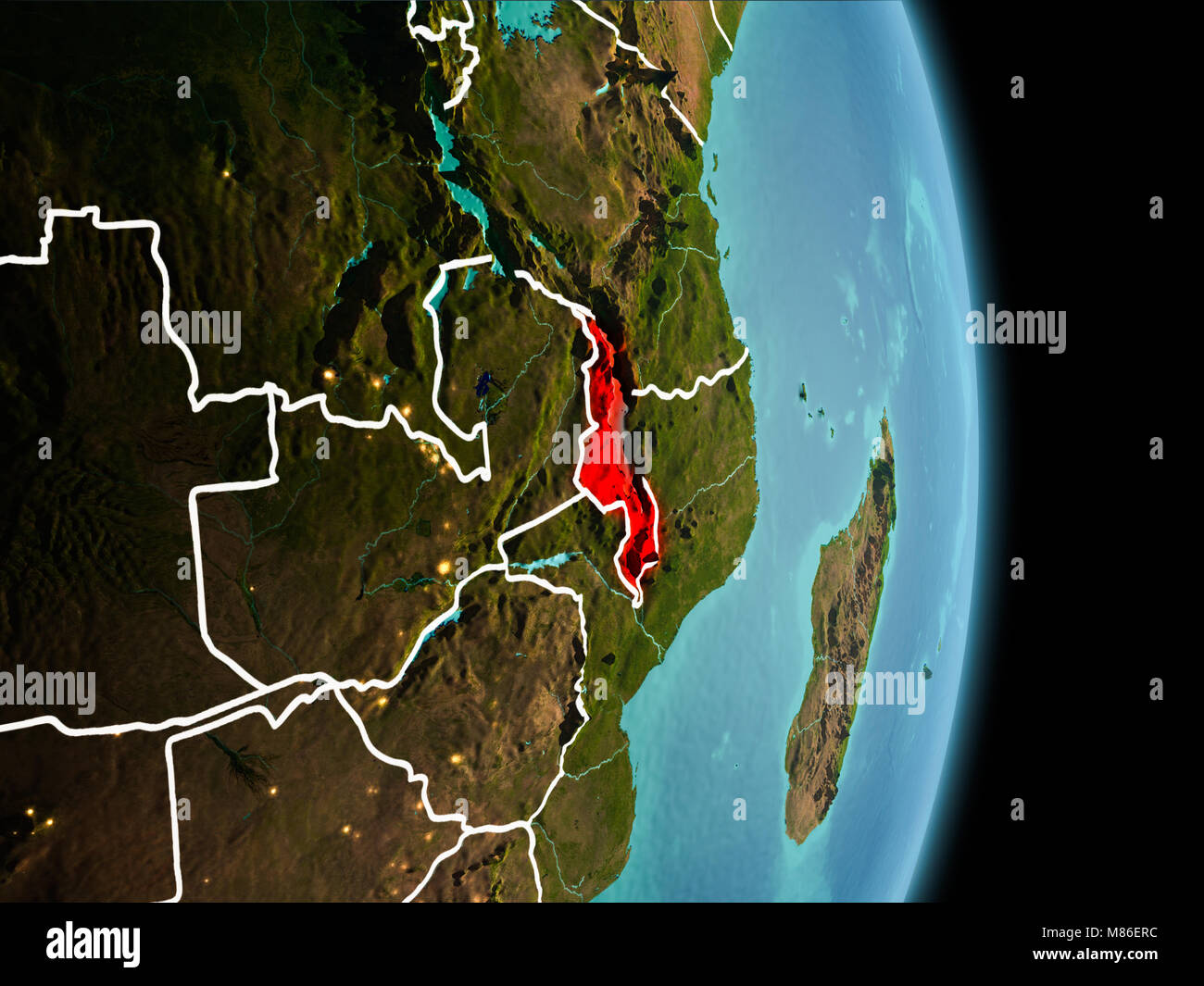 Satellite morning view of Malawi highlighted in red on planet Earth with visible border lines ...