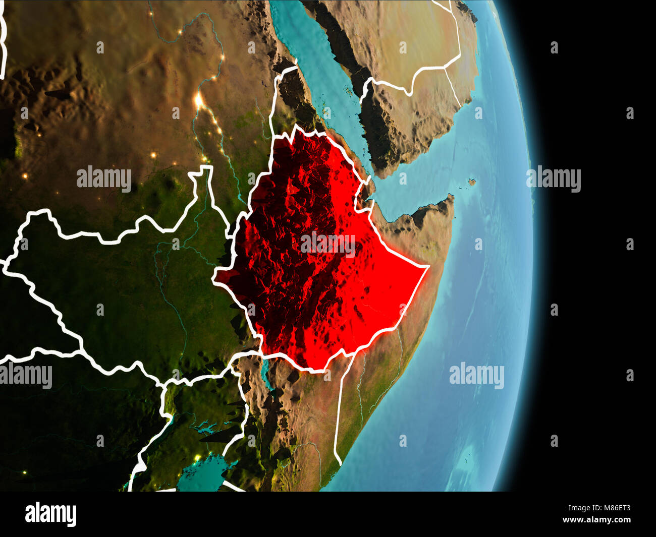 Satellite morning view of Ethiopia highlighted in red on planet Earth with visible border lines ...