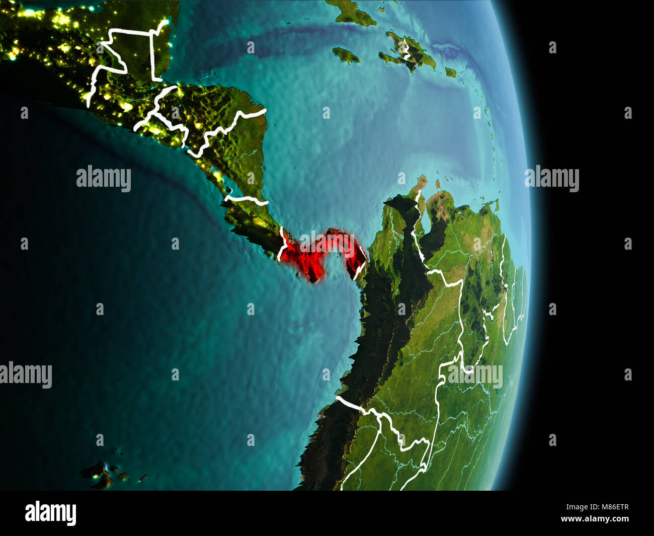 Satellite morning view of Panama highlighted in red on planet Earth ...
