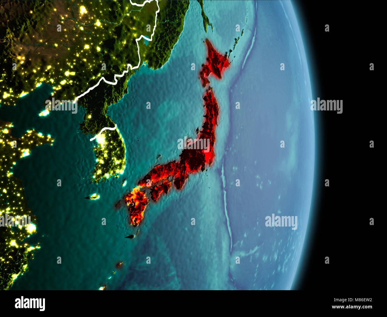 Satellite morning view of Japan highlighted in red on planet Earth with ...