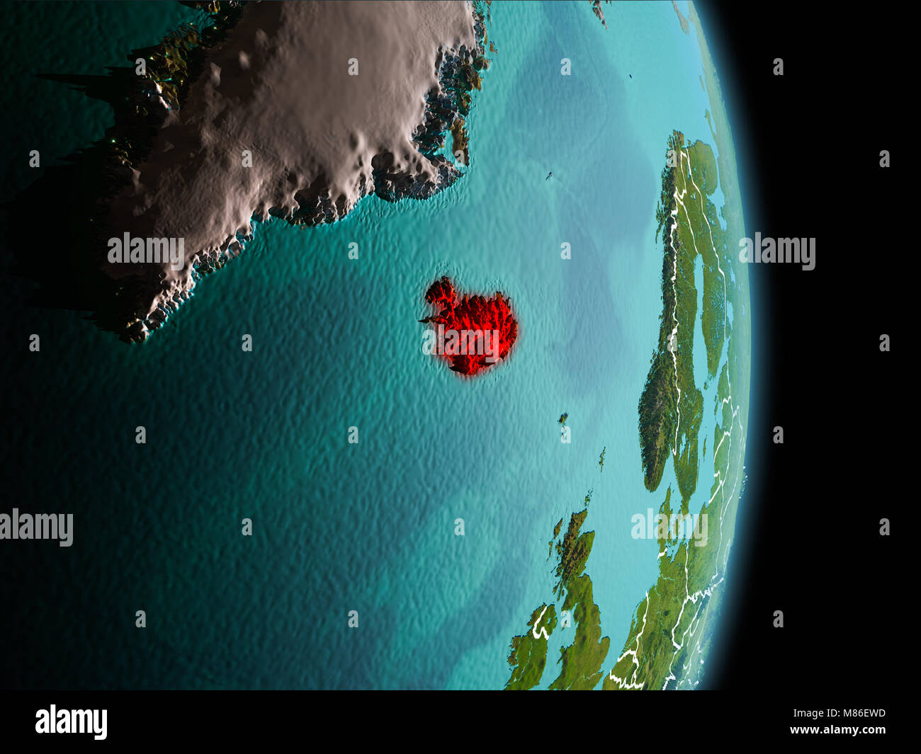 Satellite morning view of Iceland highlighted in red on planet Earth with visible border lines ...