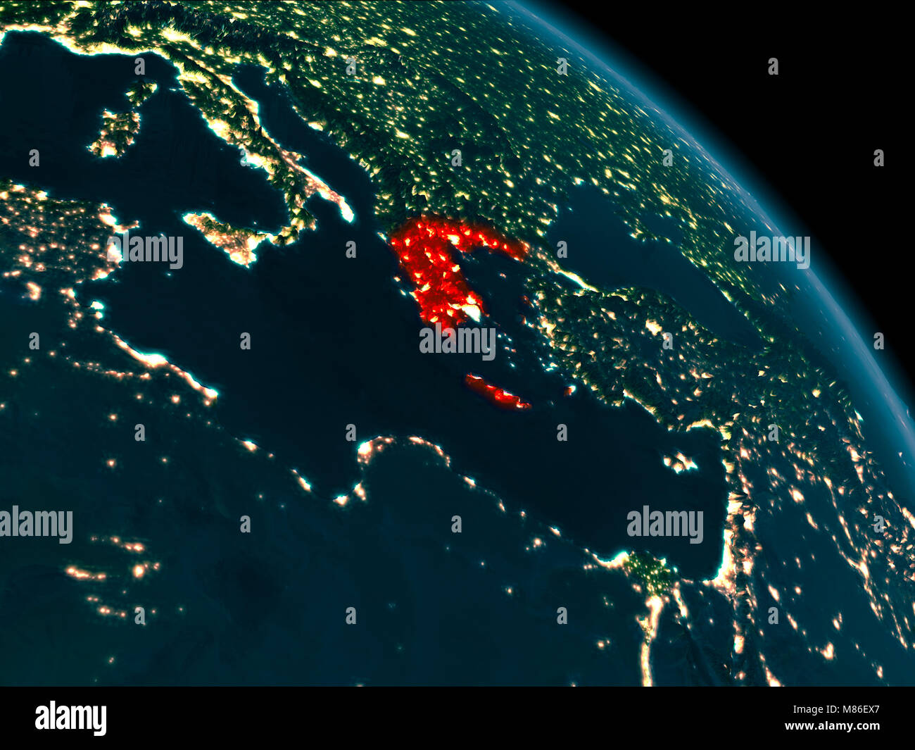 Orbit view of Greece at night highlighted in red on planet Earth with ...