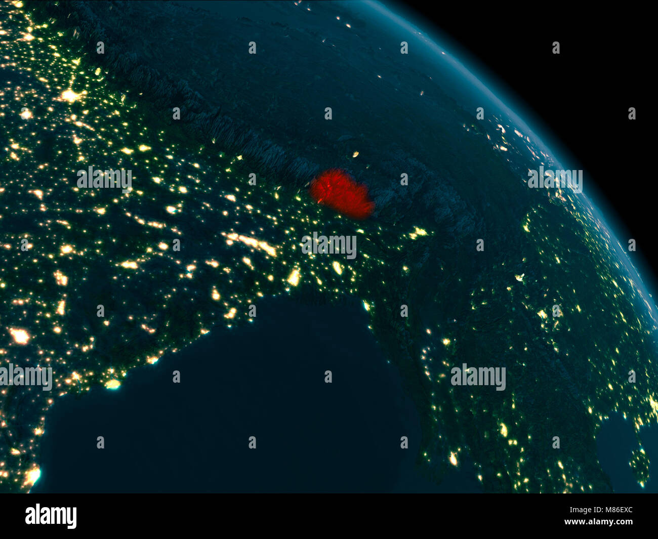 Orbit view of Bhutan at night highlighted in red on planet Earth with ...