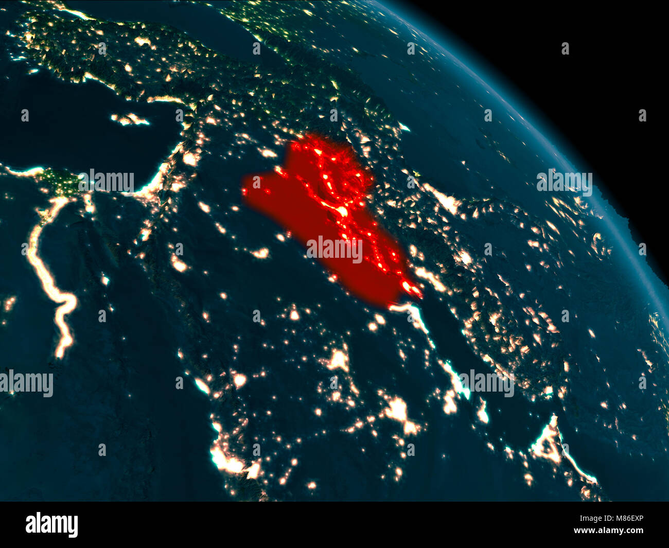 Orbit view of Iraq at night highlighted in red on planet Earth with ...