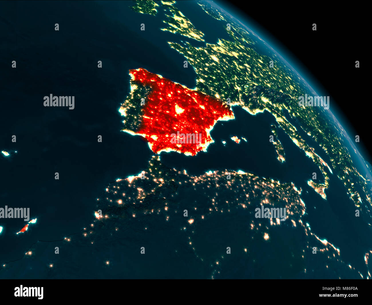Orbit view of Spain at night highlighted in red on planet Earth with ...