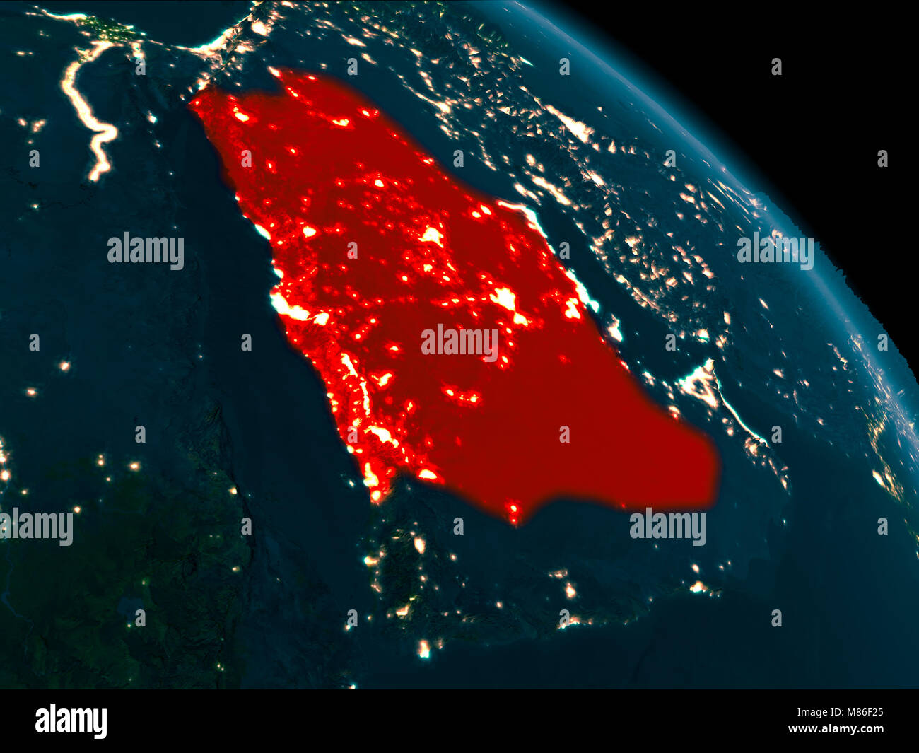 Orbit view of Saudi Arabia at night highlighted in red on planet Earth ...