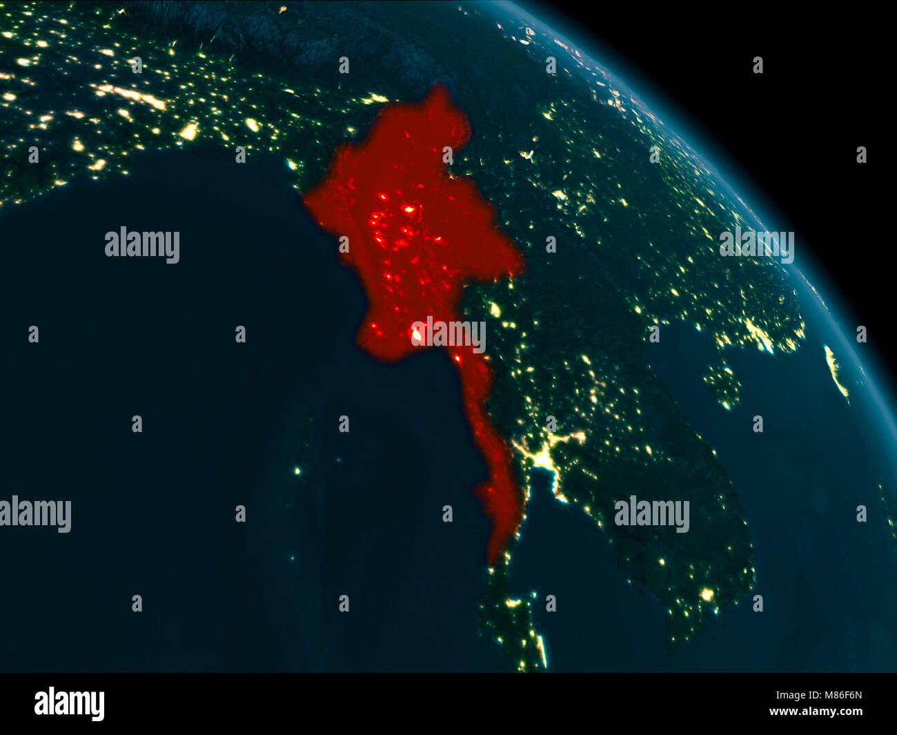 Orbit view of Myanmar at night highlighted in red on planet Earth with ...