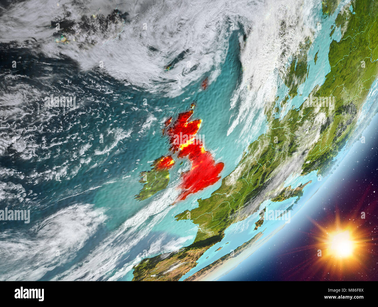 United Kingdom from orbit of planet Earth in sunrise with highly ...