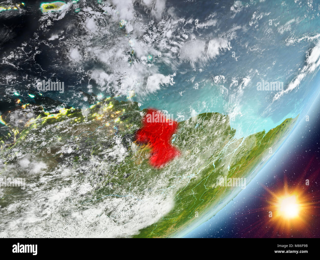 Guyana from orbit of planet Earth in sunrise with highly detailed ...