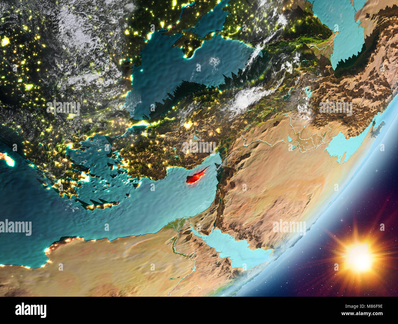Cyprus from orbit of planet Earth in sunrise with highly detailed ...