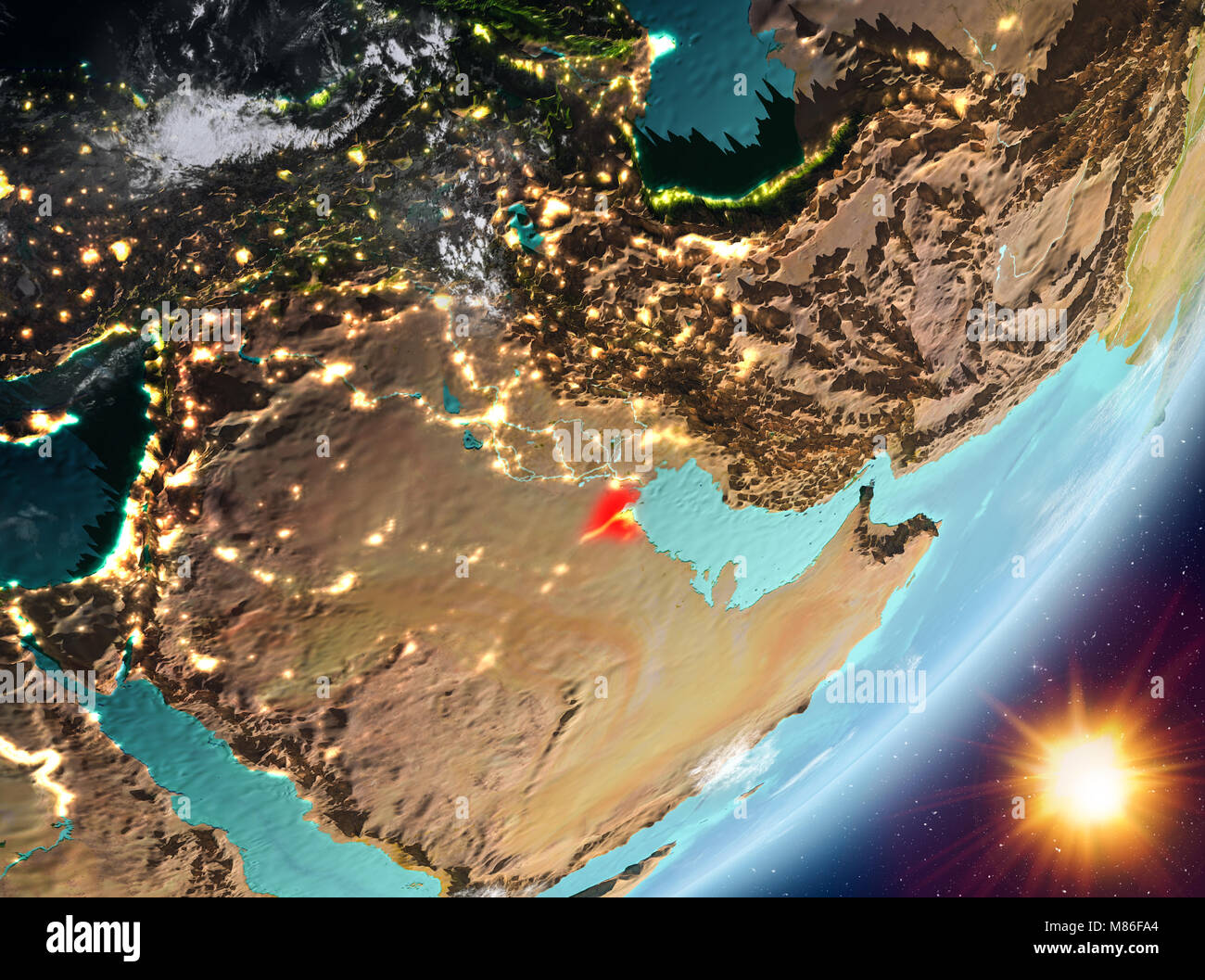 Kuwait from orbit of planet Earth in sunrise with highly detailed ...