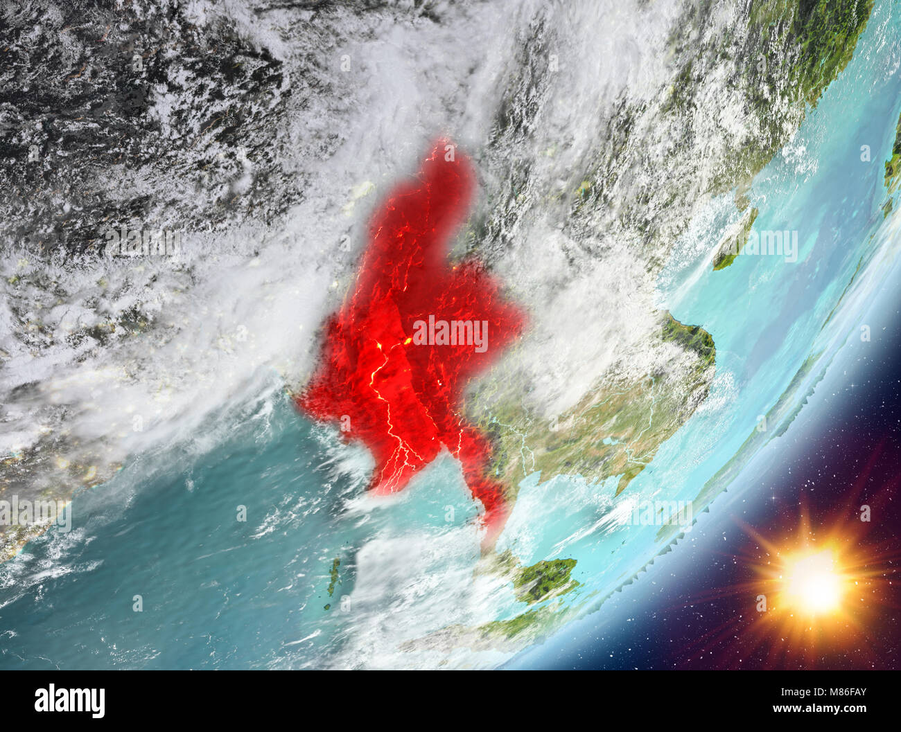 Myanmar from orbit of planet Earth in sunrise with highly detailed ...