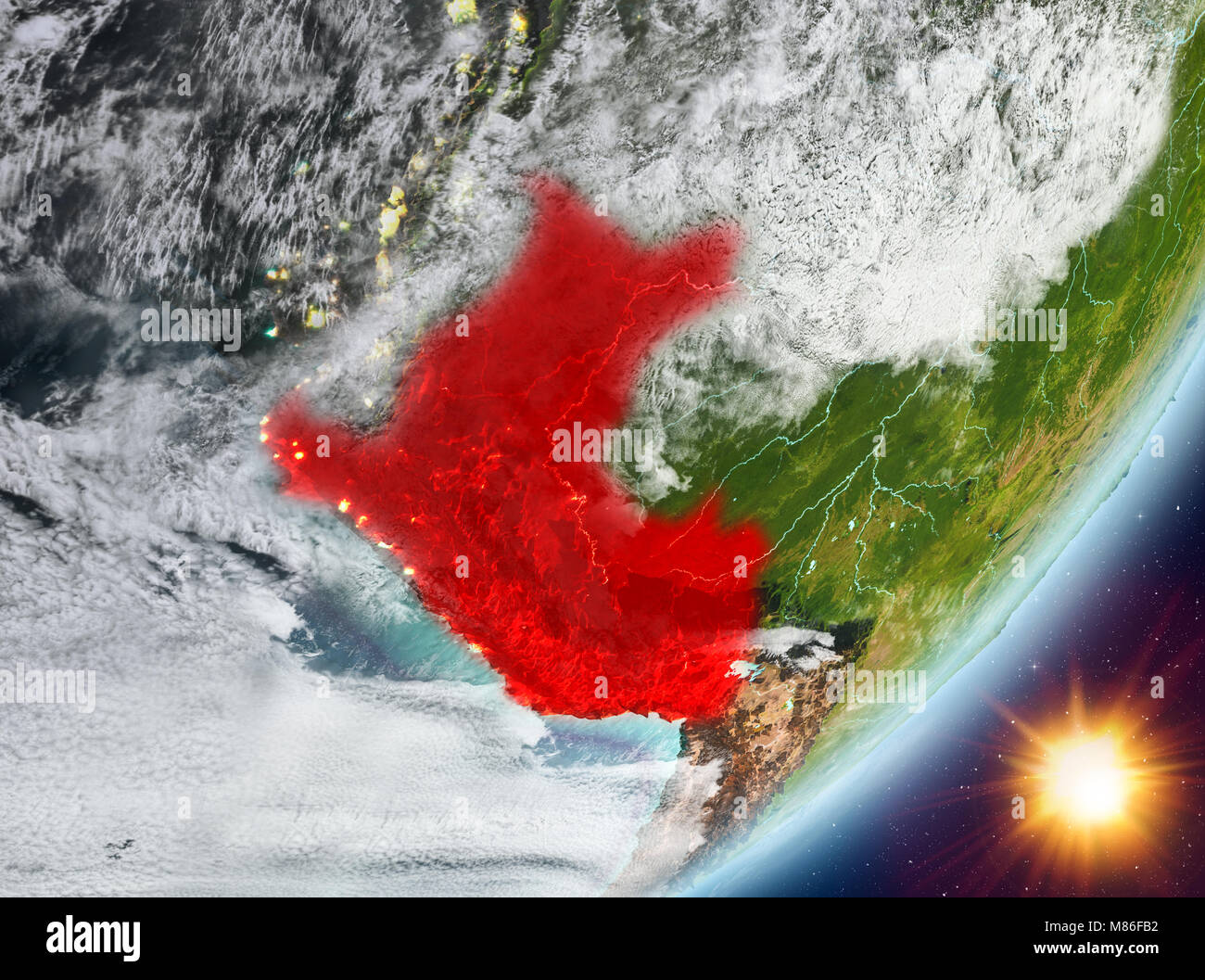 Peru from orbit of planet Earth in sunrise with highly detailed surface ...