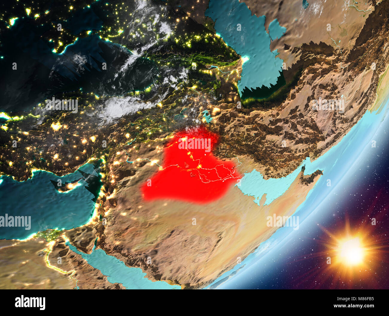 Iraq from orbit of planet Earth in sunrise with highly detailed surface ...