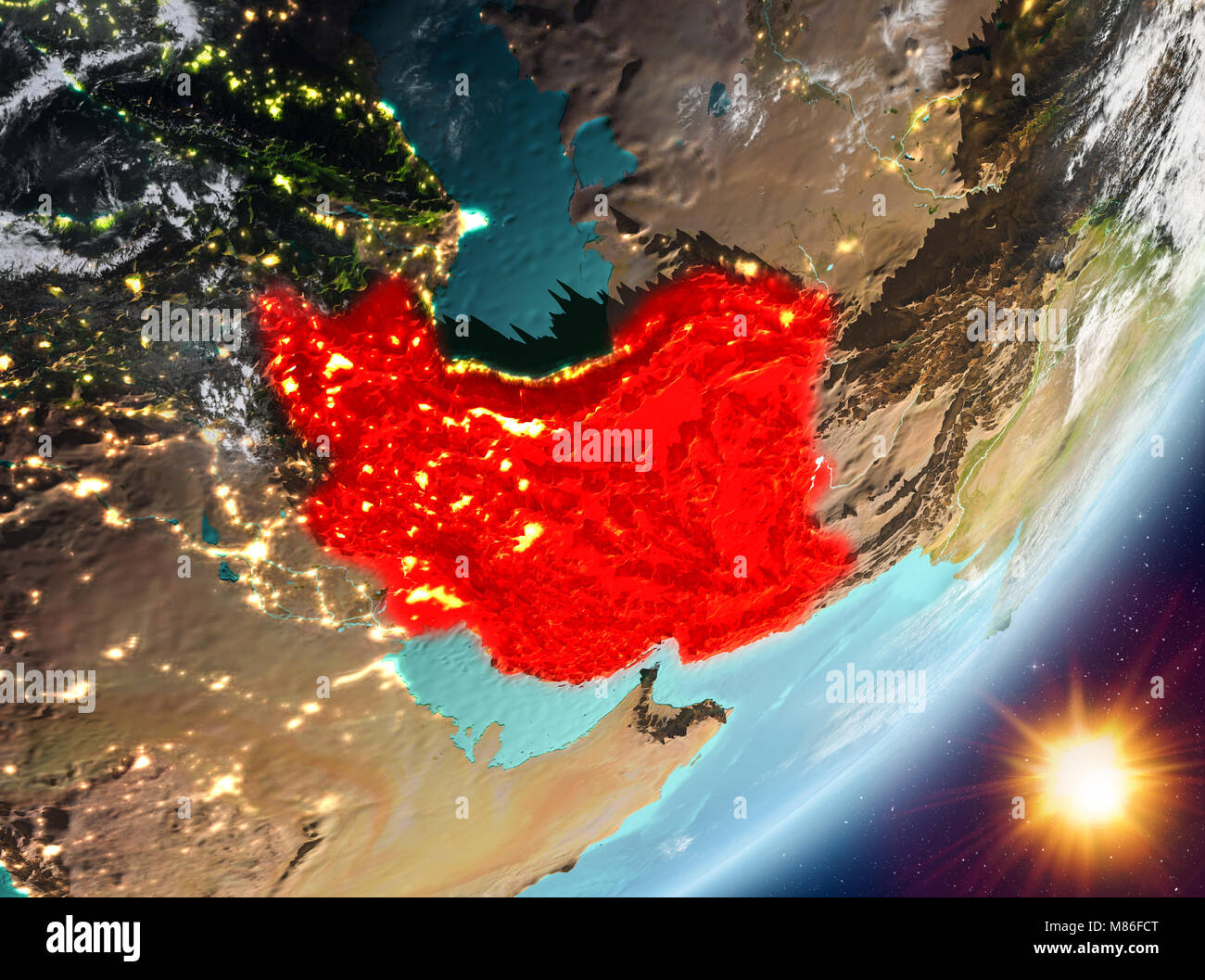 Iran from orbit of planet Earth in sunrise with highly detailed surface ...