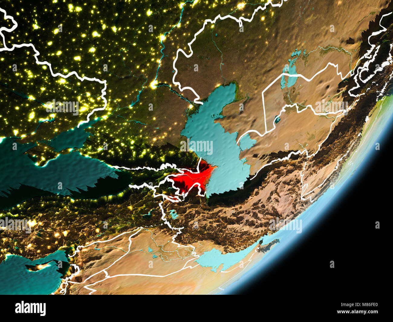 Azerbaijan in early morning light highlighted in red on planet Earth ...