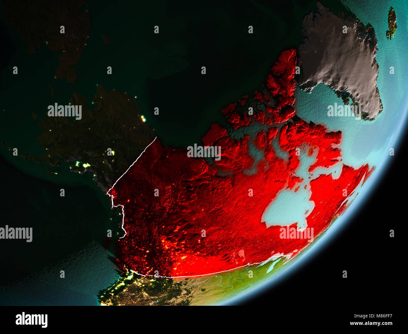 Canada in early morning light highlighted in red on planet Earth with ...