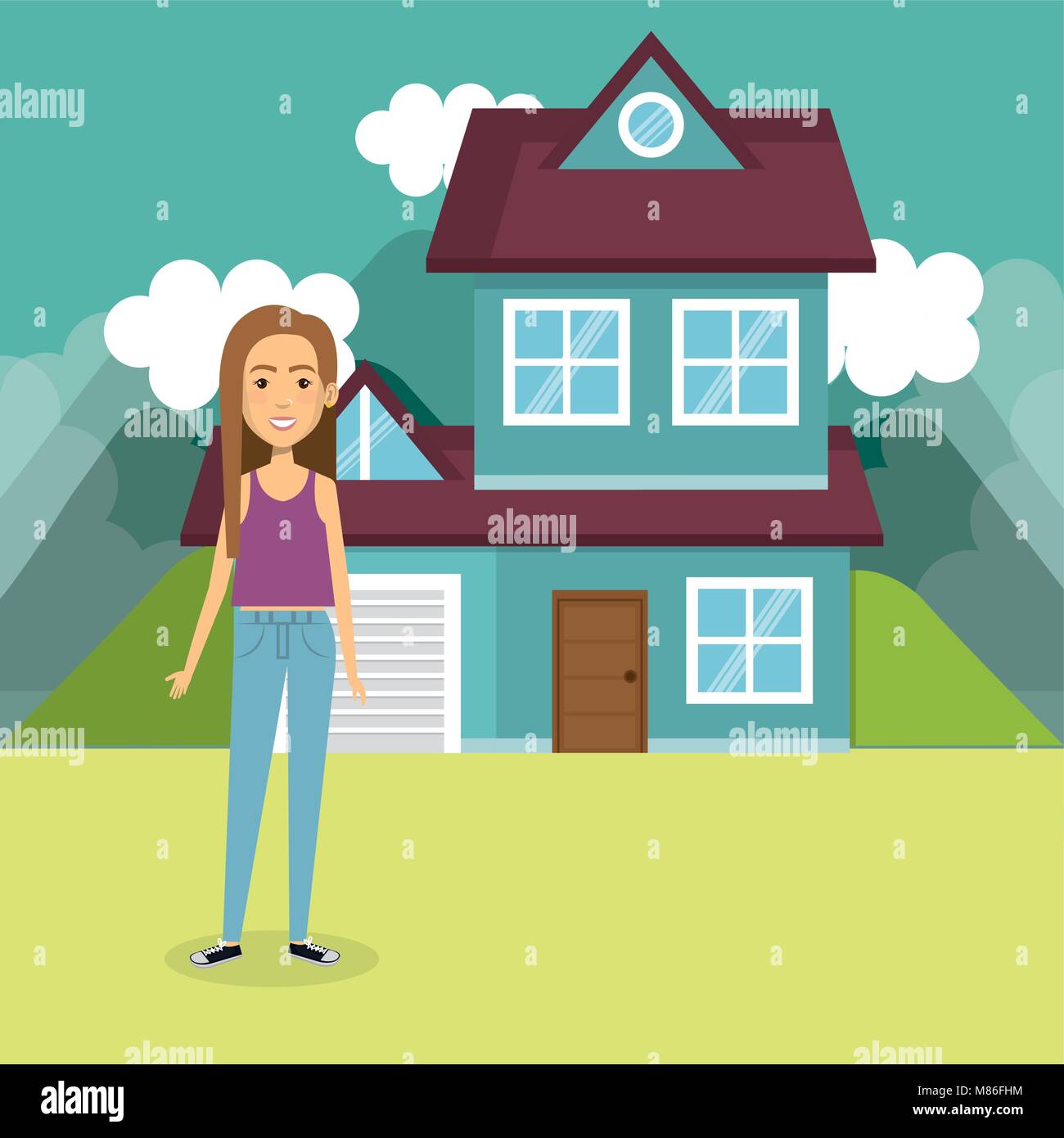 young woman outside house vector illustration design Stock Vector Image ...