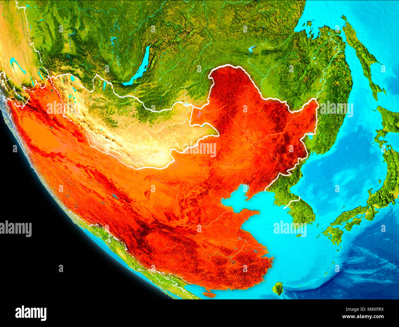 China highlighted in red on planet Earth with visible borders. 3D ...