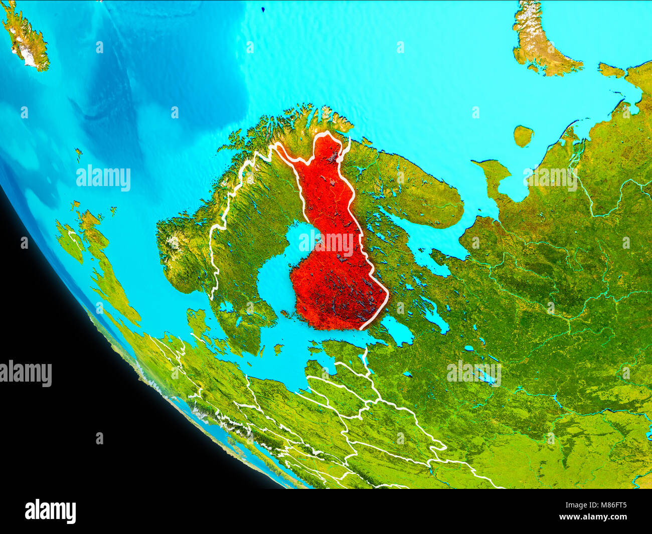 Finland highlighted in red on planet Earth with visible borders. 3D ...