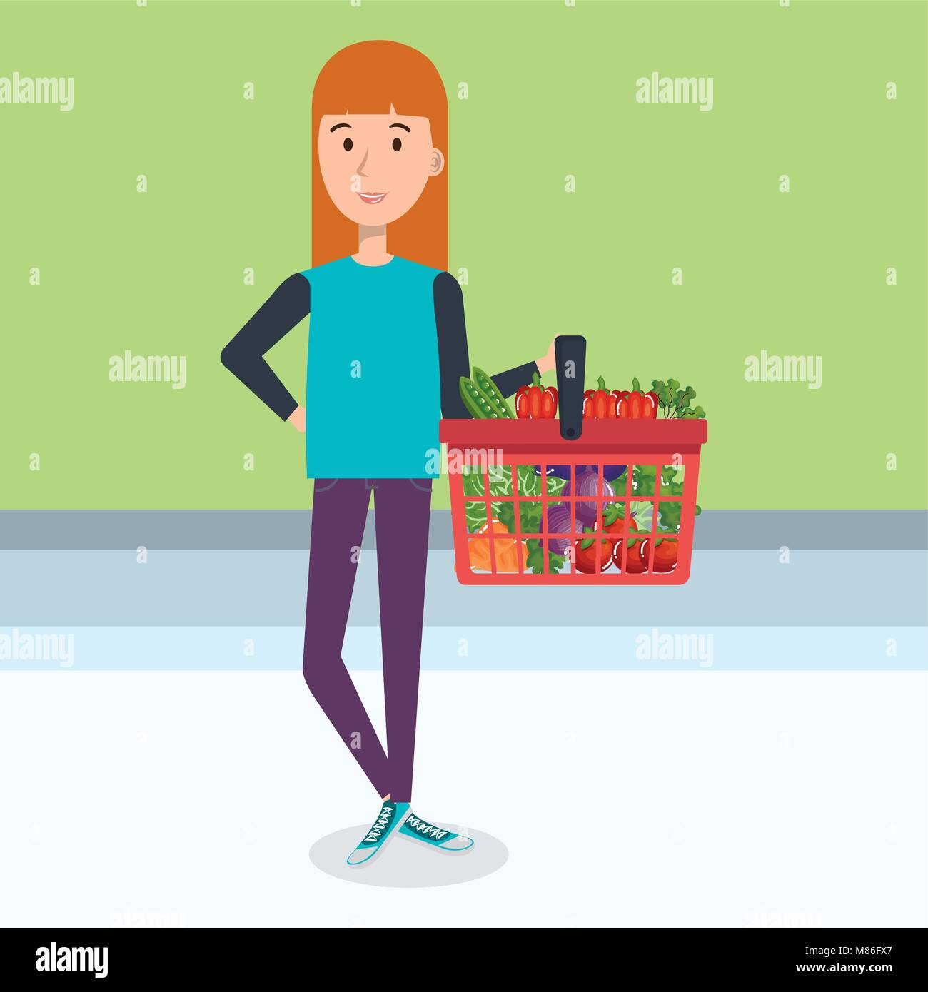 consumer with shopping basket of groceries vector illustration design ...