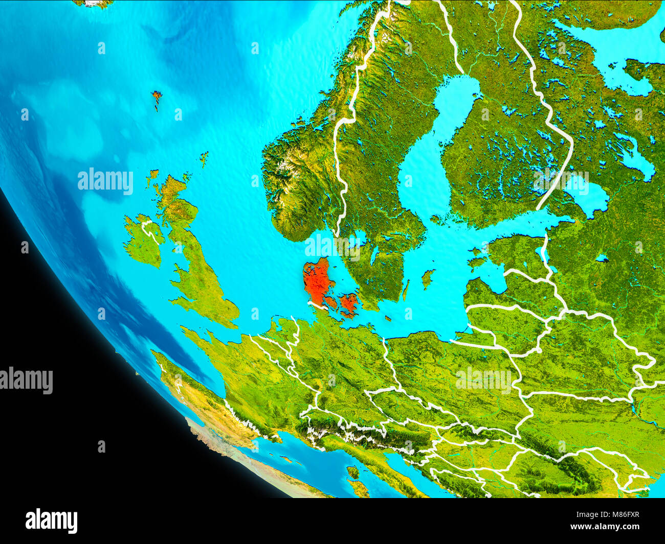 Denmark highlighted in red on planet Earth with visible borders. 3D illustration. Elements of ...
