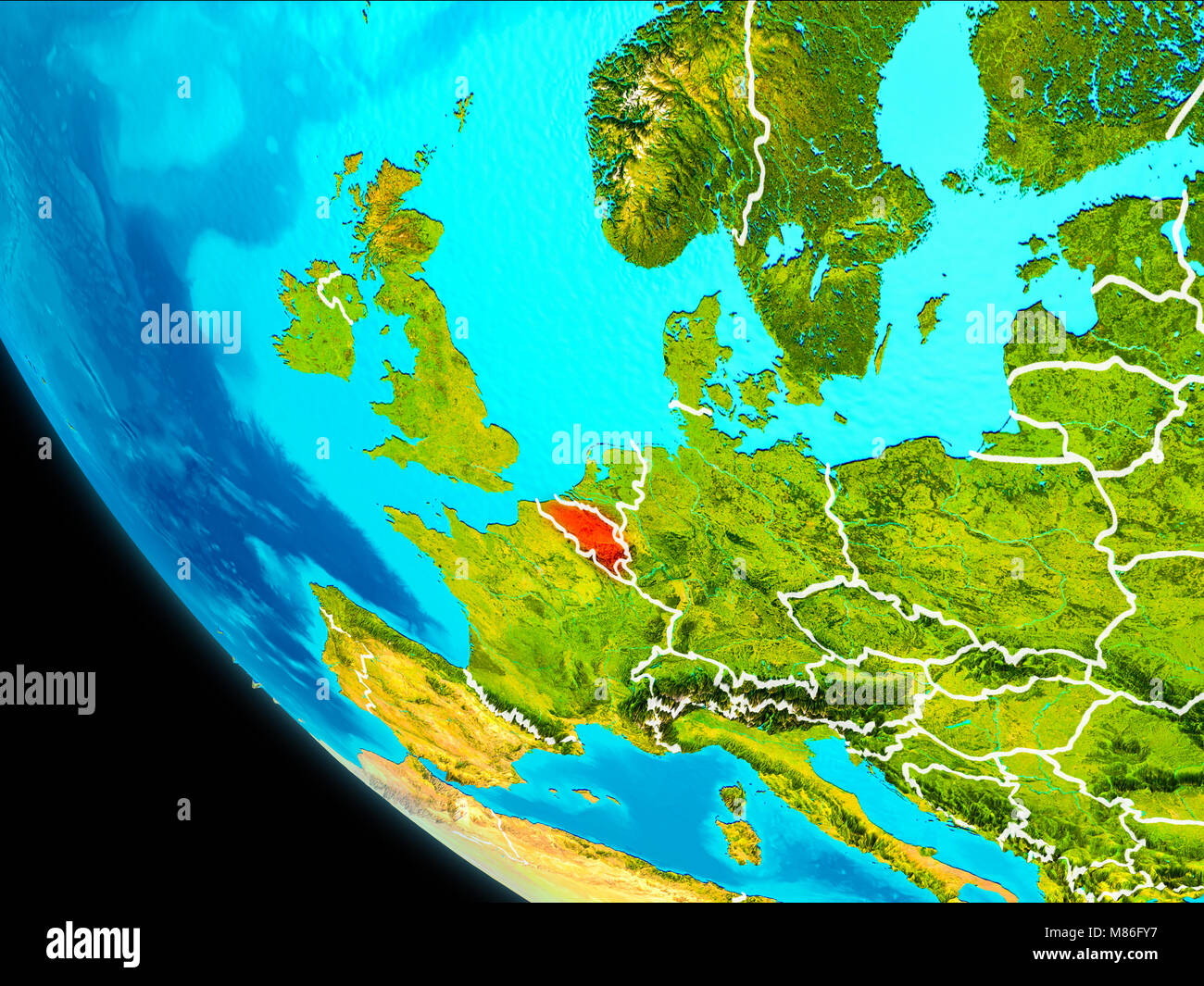 Belgium highlighted in red on planet Earth with visible borders. 3D illustration. Elements of ...
