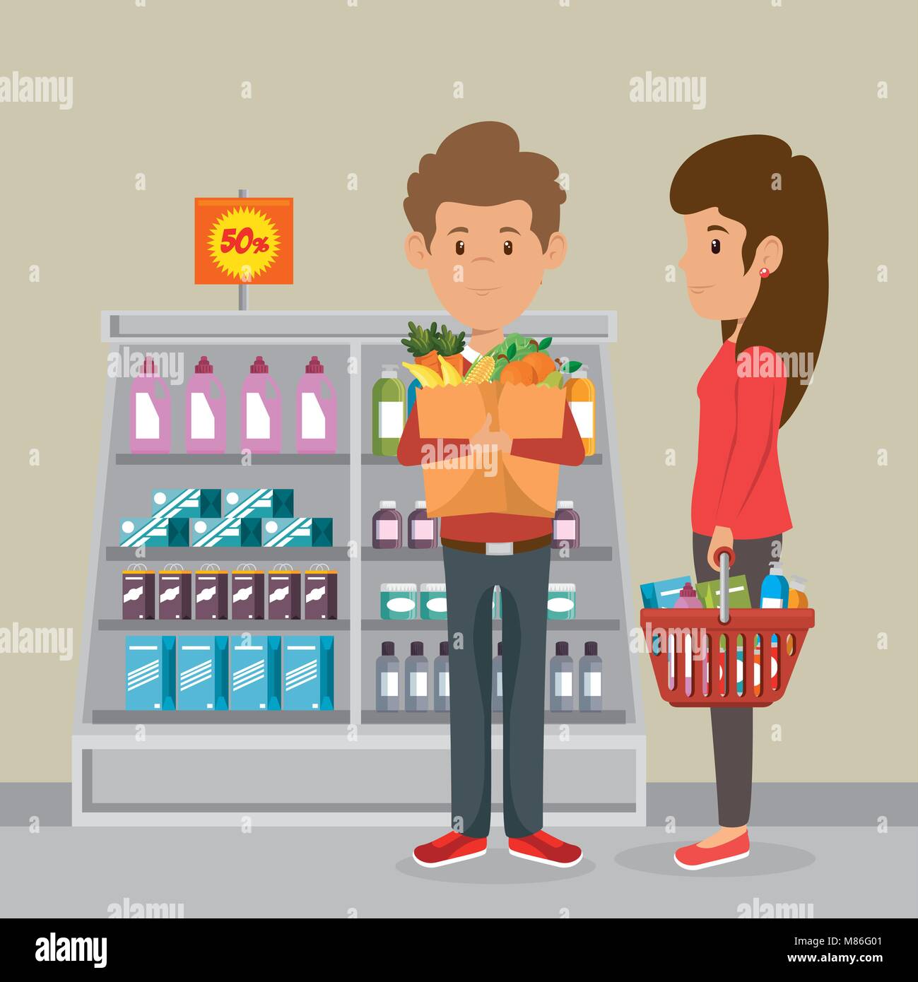consumers with supermarket basket of groceries vector illustration ...