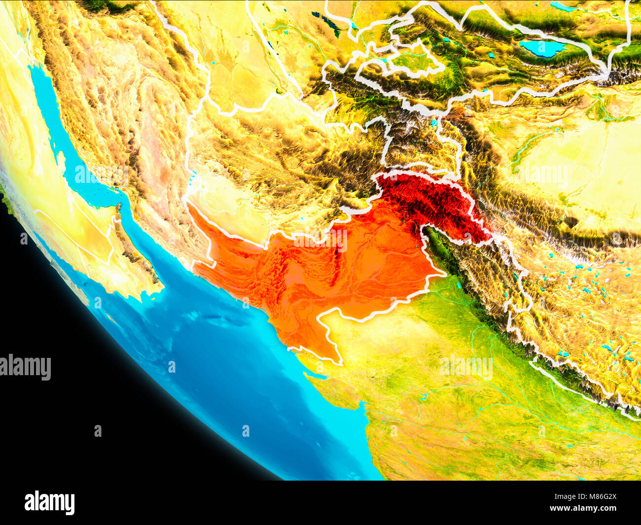 Pakistan highlighted in red on planet Earth with visible borders. 3D ...