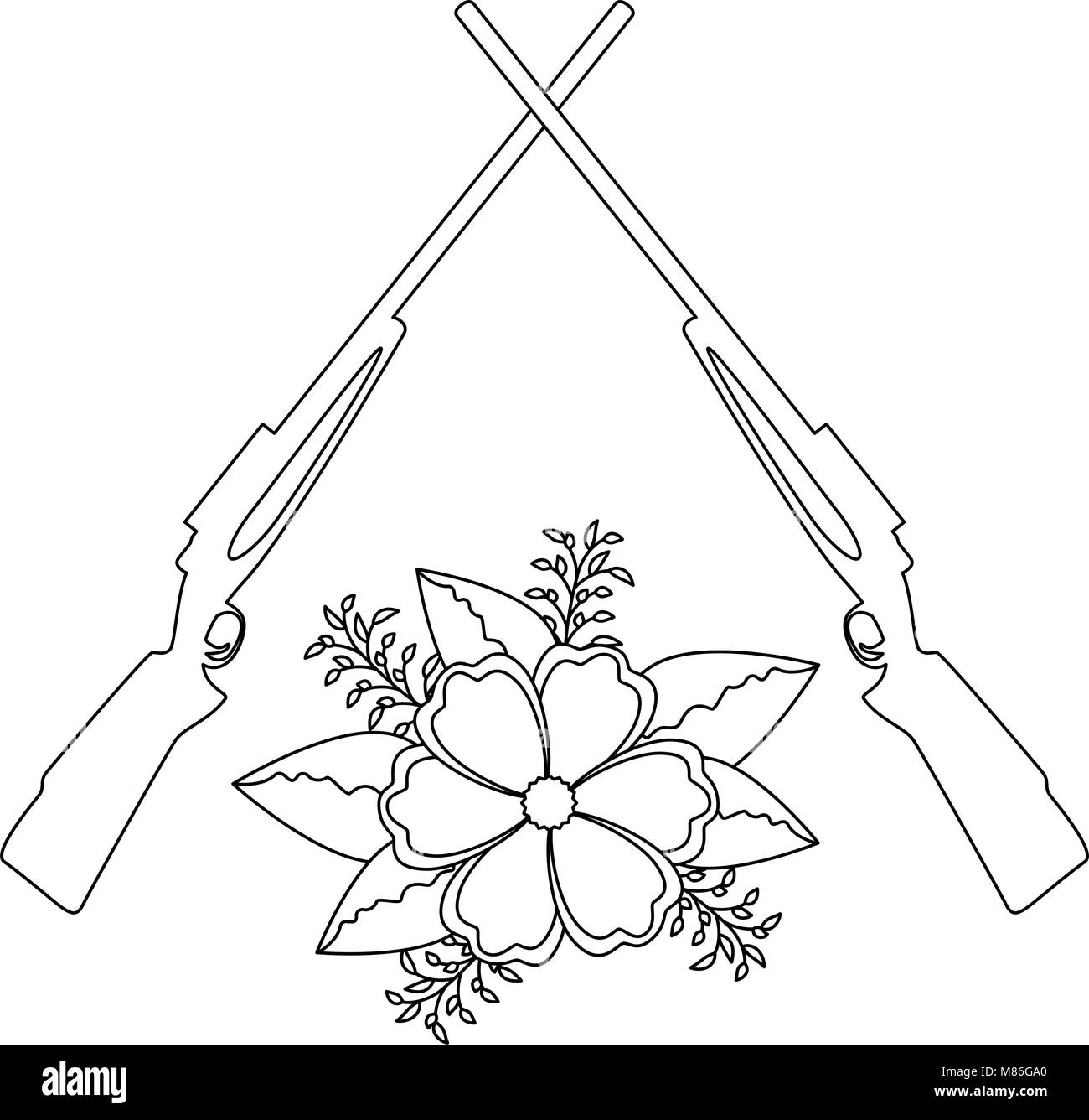 rifles crossed with flowers vector illustration design Stock Vector ...