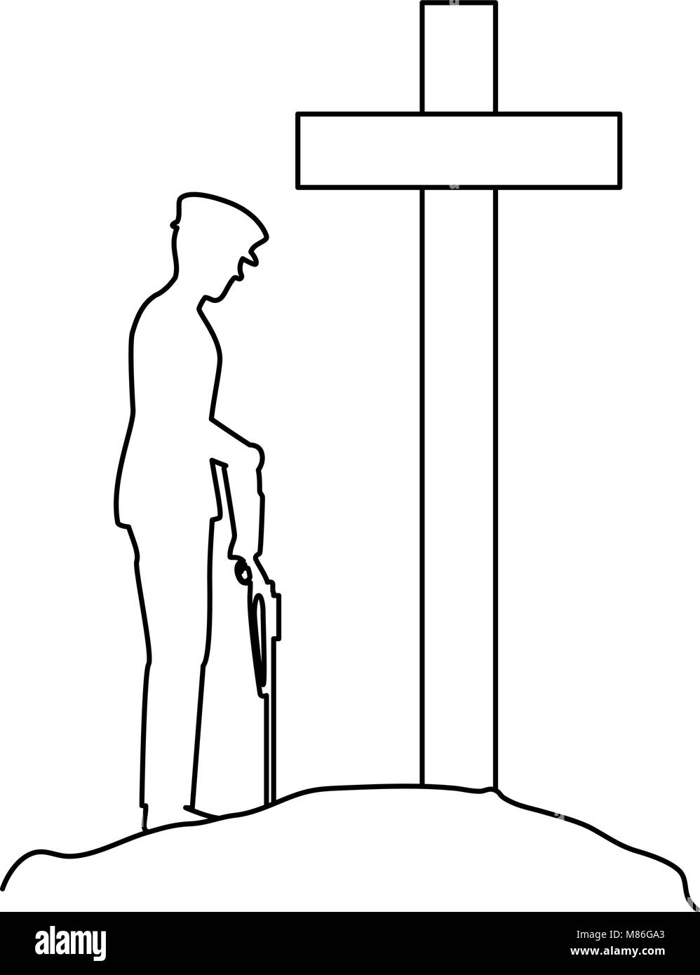 silhouette of soldier with rifle presenting respect with cross ...