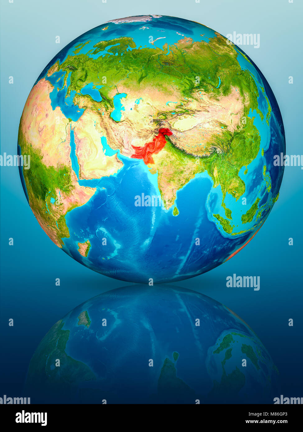 Pakistan in red on model of planet Earth on reflective blue surface. 3D illustration. Elements ...