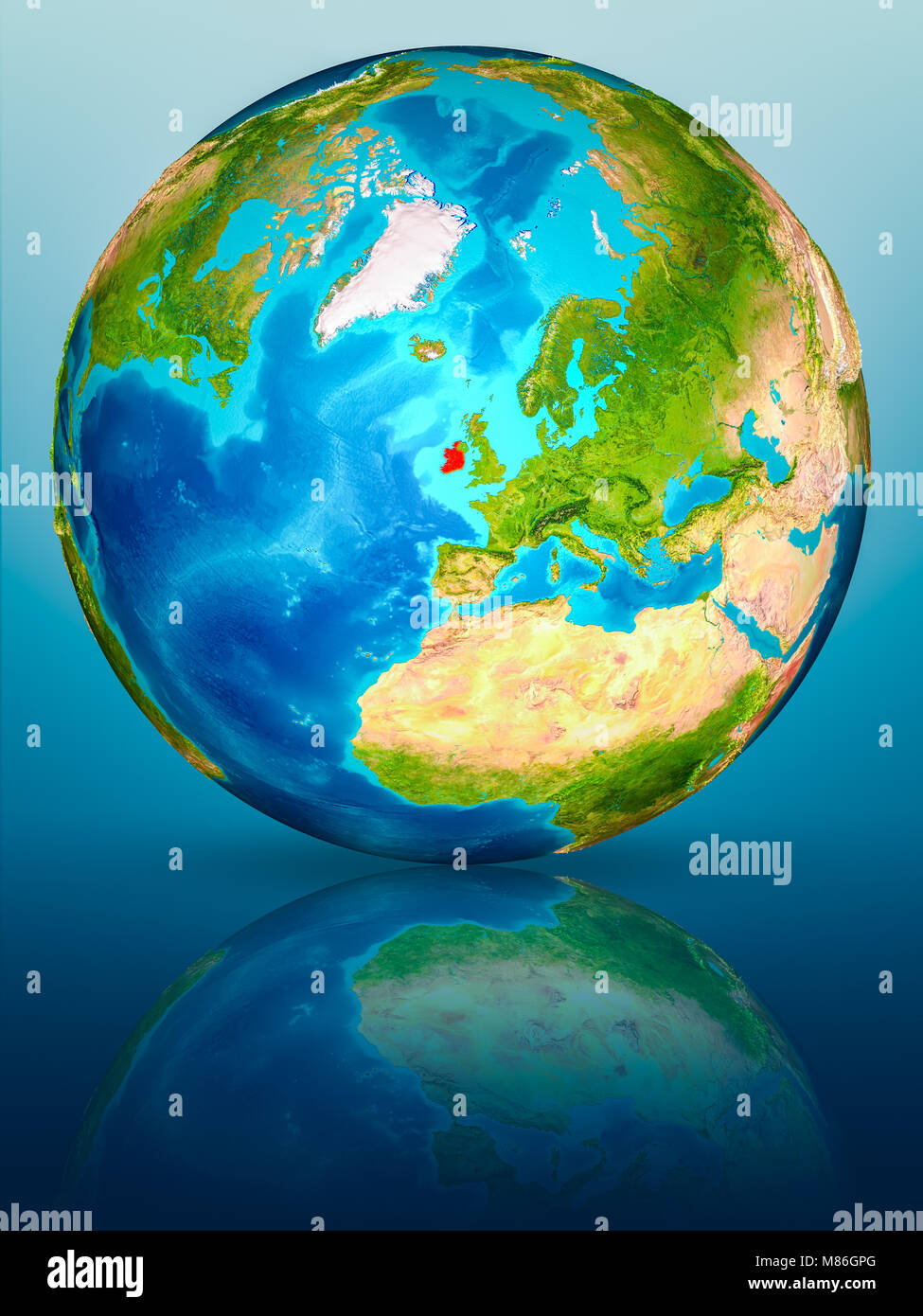 Ireland in red on model of planet Earth on reflective blue surface. 3D ...