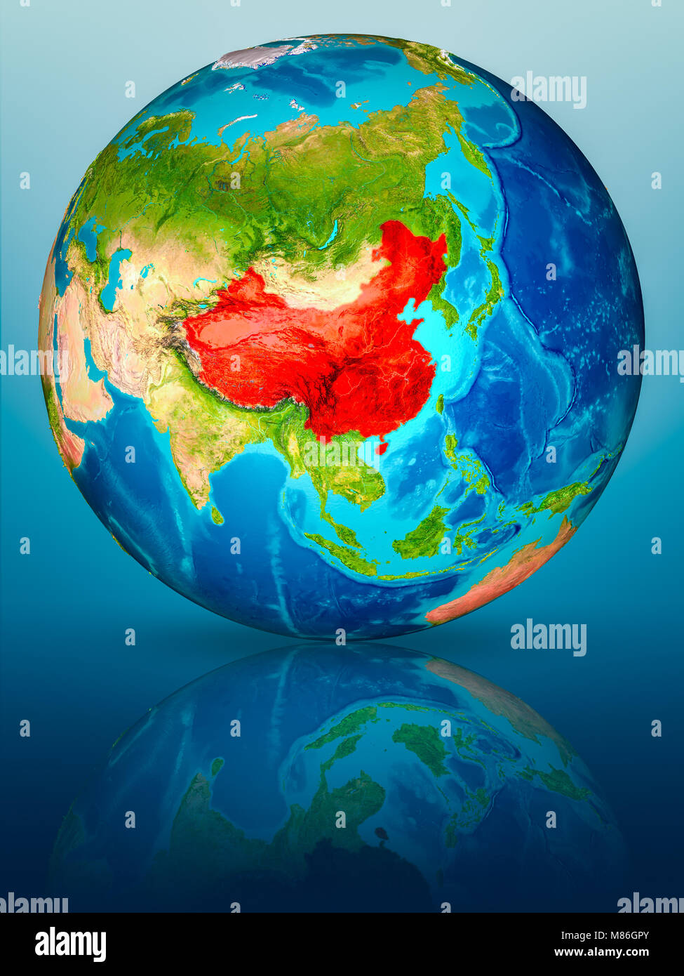 China in red on model of planet Earth on reflective blue surface. 3D illustration. Elements of ...