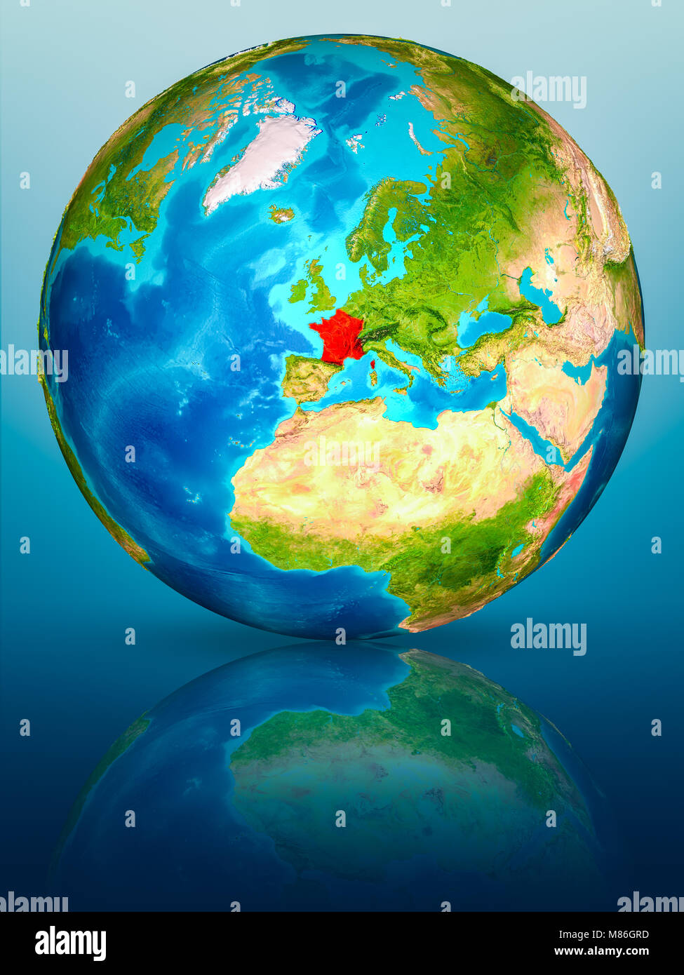 France in red on model of planet Earth on reflective blue surface. 3D ...