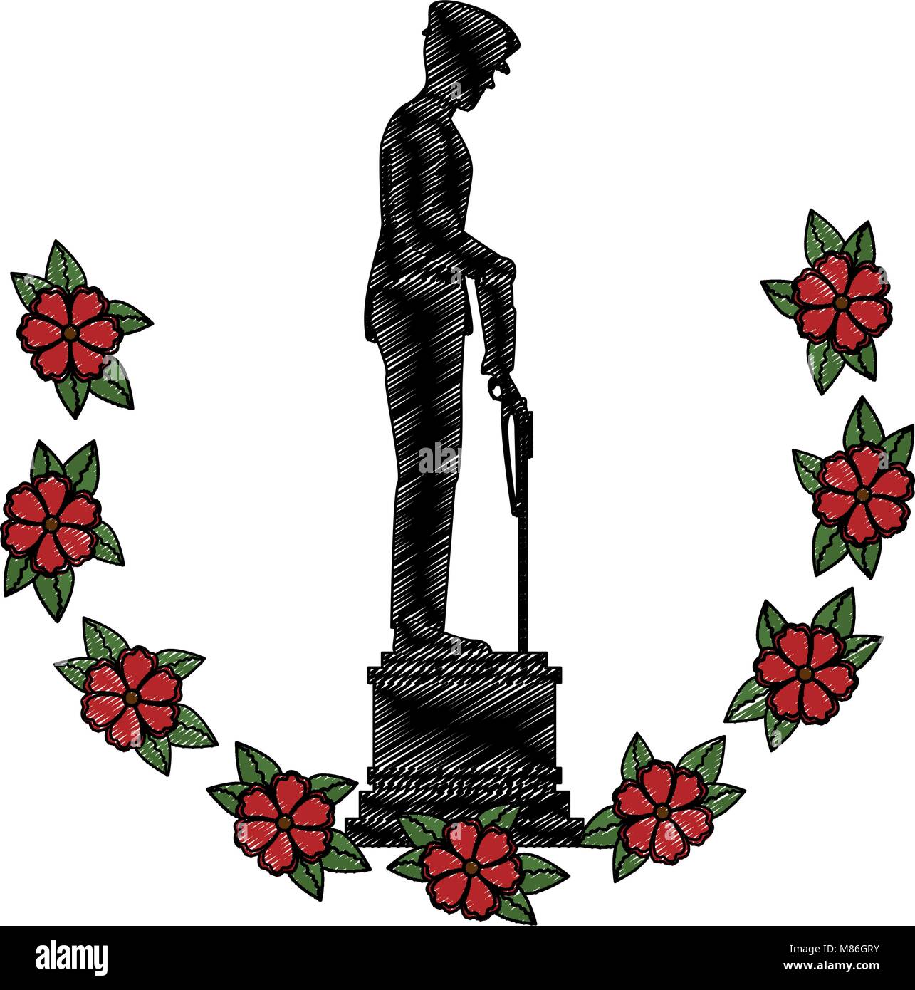 silhouette of soldier with rifle presenting respect with flowers Stock ...