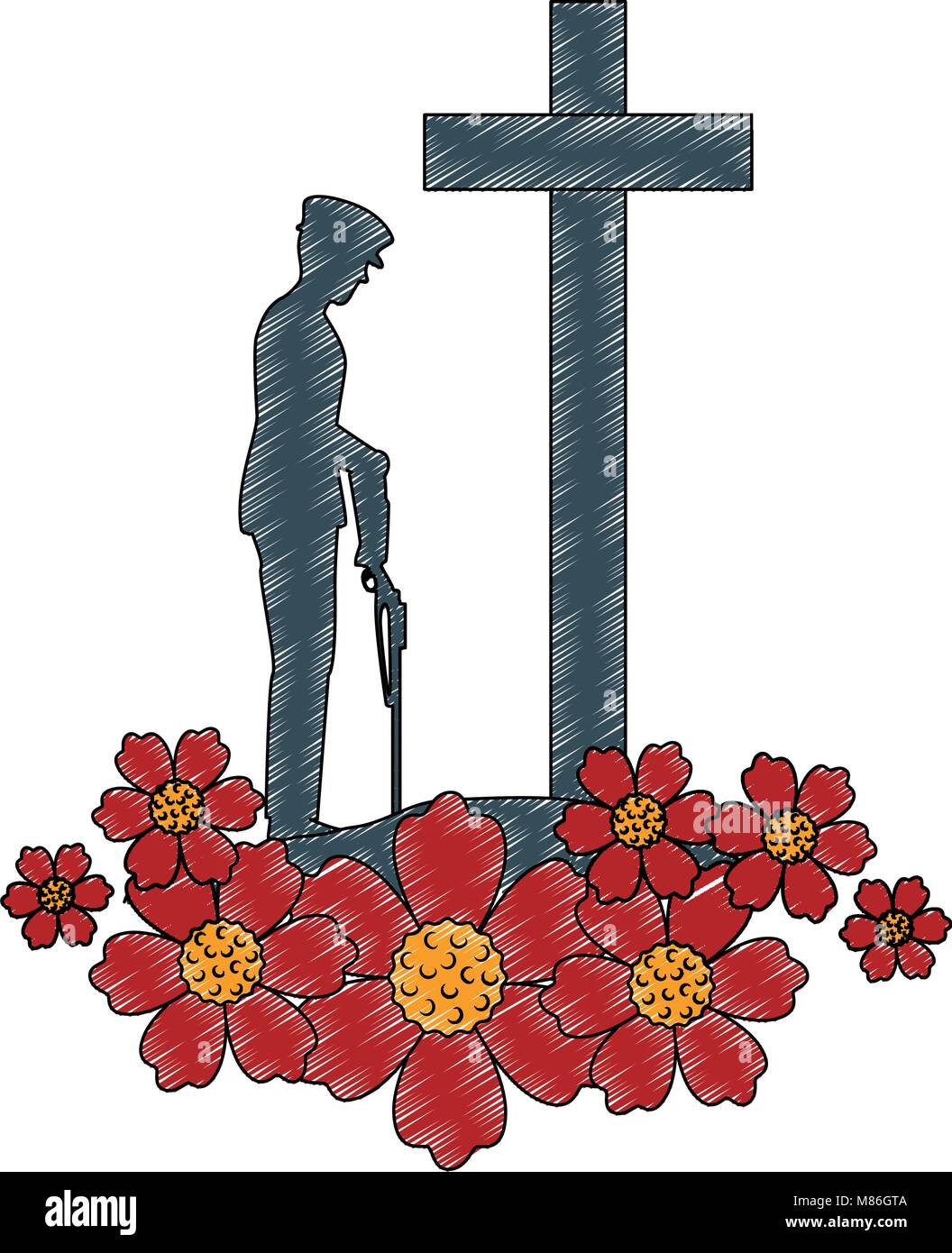 silhouette of soldier with rifle presenting respect with cross Stock ...