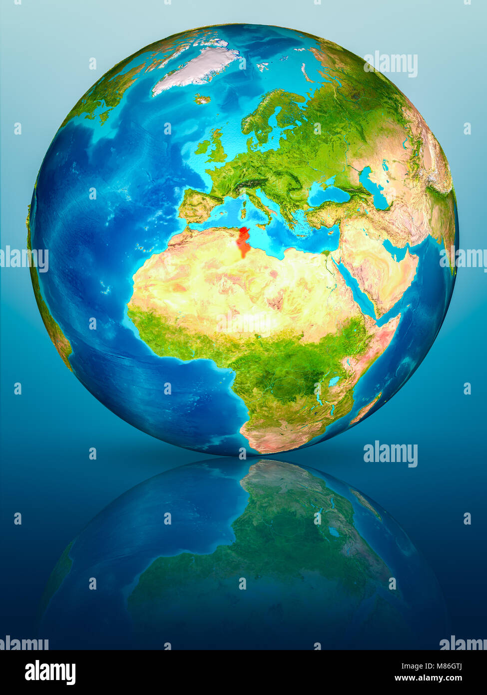 Tunisia in red on model of planet Earth on reflective blue surface. 3D illustration. Elements of ...