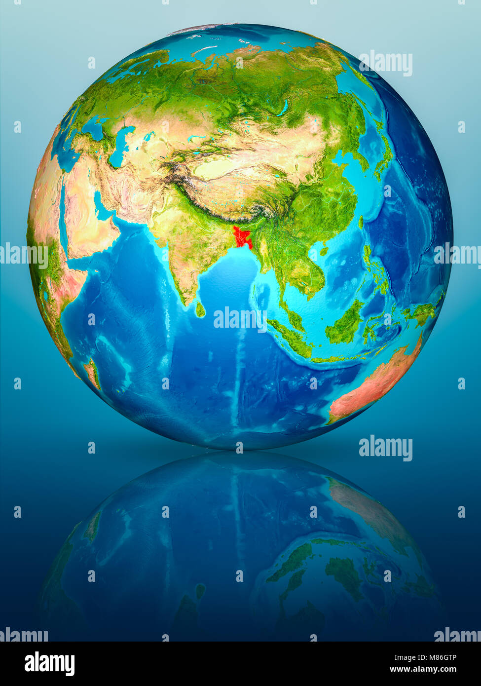 Bangladesh in red on model of planet Earth on reflective blue surface. 3D illustration. Elements ...