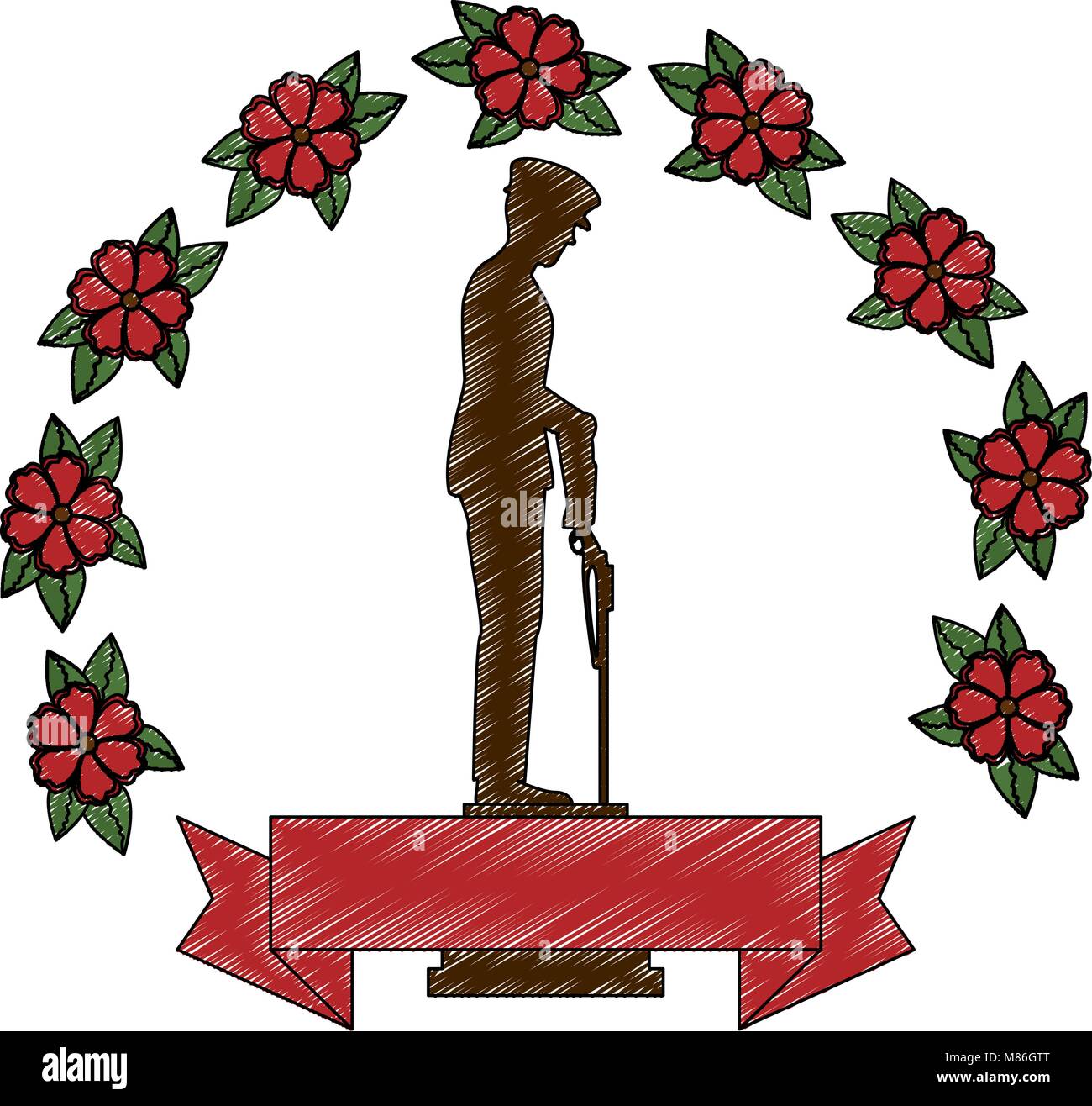 silhouette of soldier with rifle presenting respect with flowers Stock ...