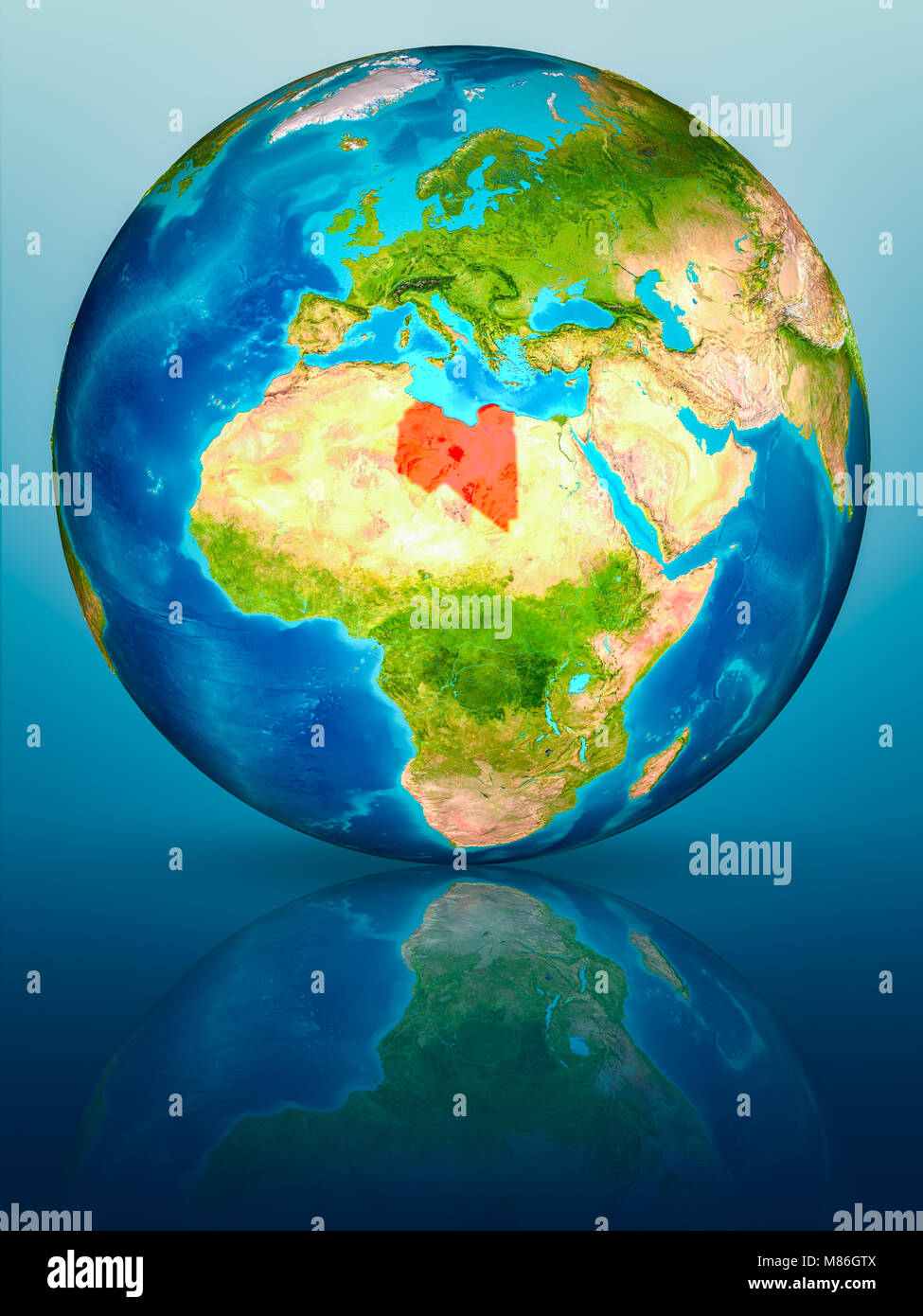 Libya in red on model of planet Earth on reflective blue surface. 3D ...