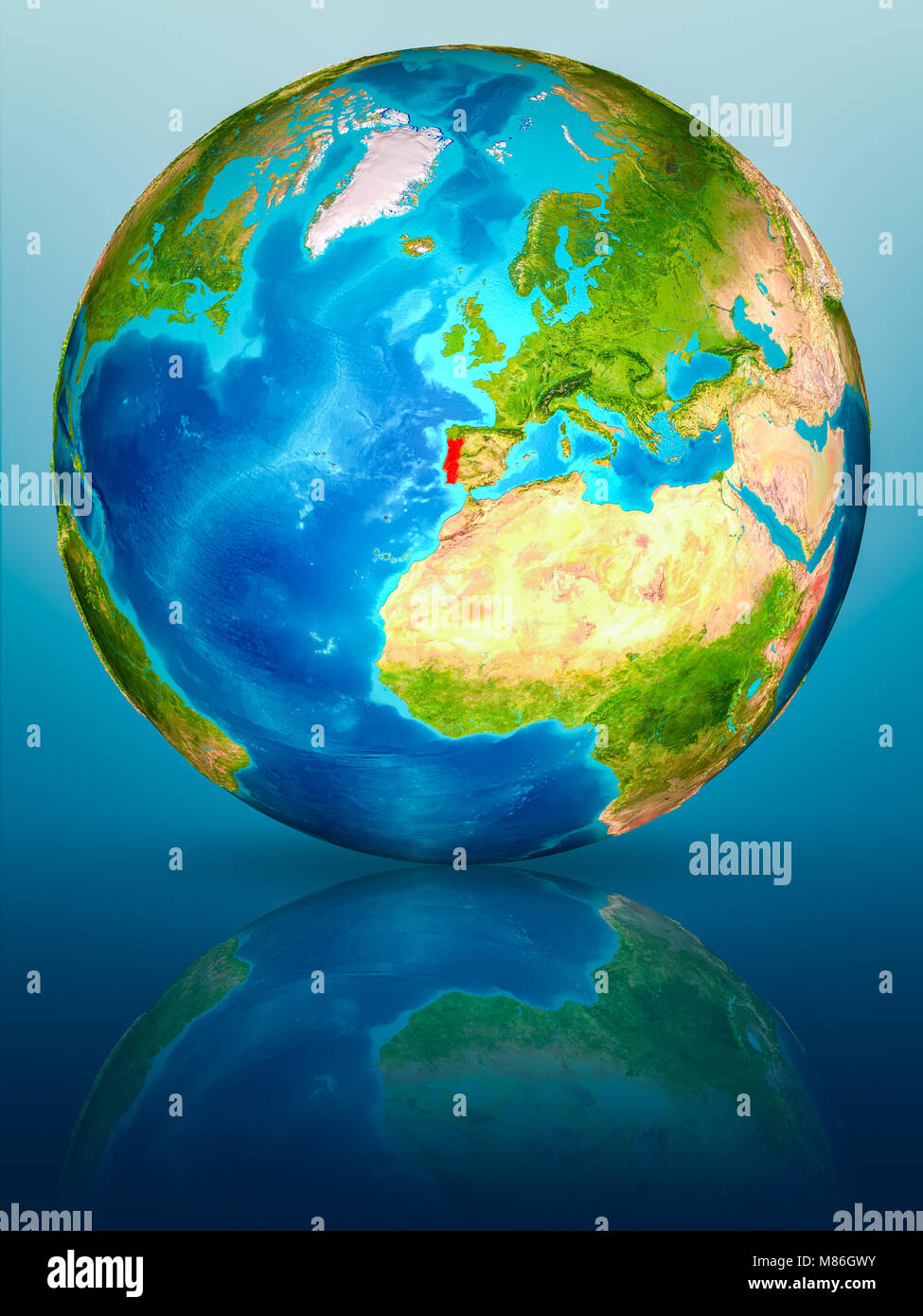 Portugal in red on model of planet Earth on reflective blue surface. 3D illustration. Elements ...