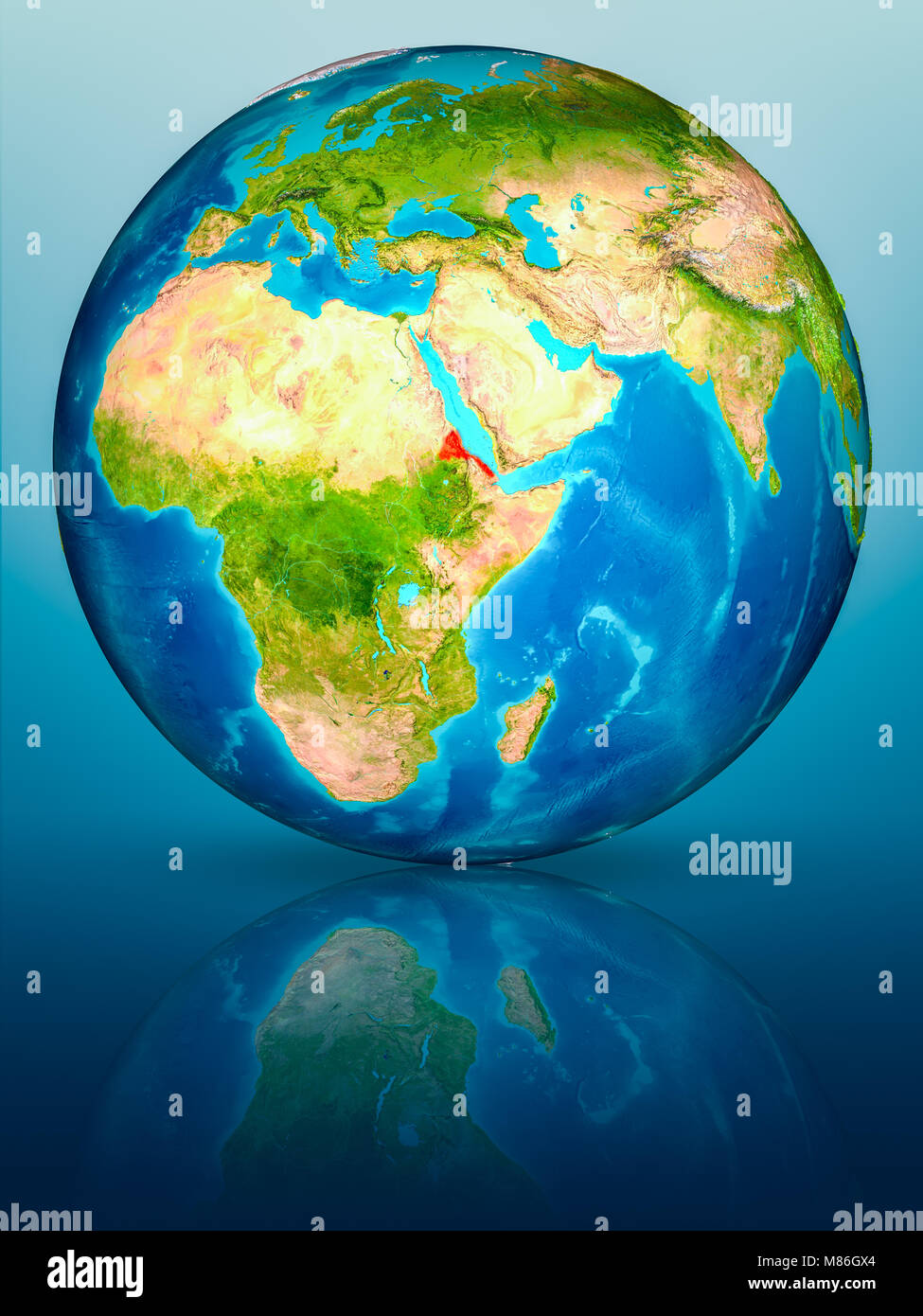 Eritrea in red on model of planet Earth on reflective blue surface. 3D illustration. Elements of ...